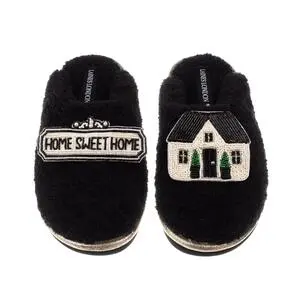 LAINES LONDON Teddy Closed Toe Slippers With Home Sweet Home Brooches - Black
