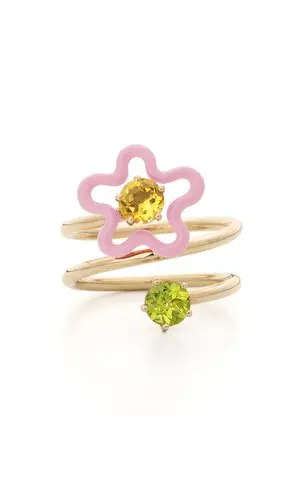 Bea Bongiasca 9kt Yellow Gold In Single Flower Ring With Hand-painted Sakura Enamel - Pink