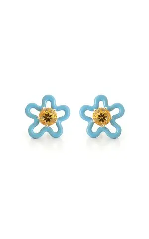 Bea Bongiasca 9kt Yellow Gold Flower Stud Earrings With Hand-painted Baby Enamel - Blue