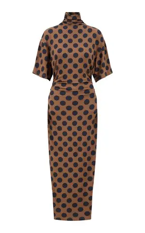 Lela Rose Polka Dot Jersey Turtleneck Dress