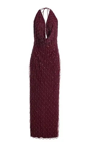 ROTATE BY BIRGER CHRISTENSEN Halterneck Sequined Maxi Dress - Burgundy