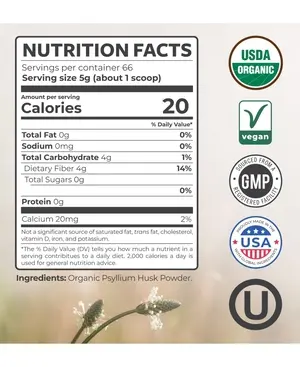 PURE CO Usda Organic Psyllium Husk Powder Dietary Fiber Supplement