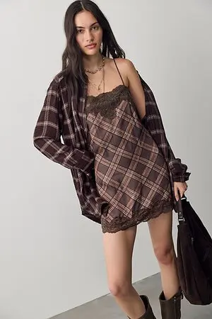 Free People Canal Street Plaid Slip Dress Set - Brown Combo