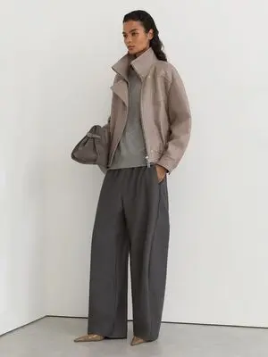 REISS Petra Textured Leather Oversized Jacket - Grey