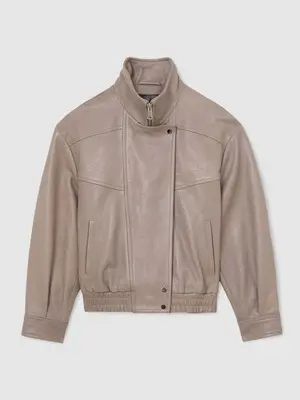 REISS Petra Textured Leather Oversized Jacket - Grey