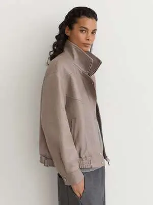 REISS Petra Textured Leather Oversized Jacket - Grey