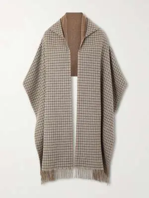 Brunello Cucinelli Hooded Fringed Checked Cashmere Wrap - Brown