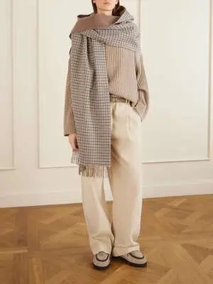 Brunello Cucinelli Hooded Fringed Checked Cashmere Wrap