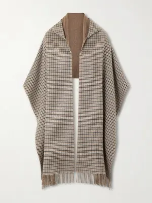Brunello Cucinelli Hooded Fringed Checked Cashmere Wrap - Brown