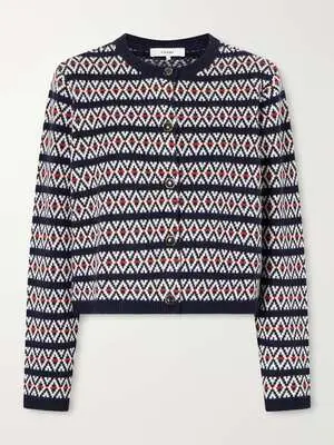 FRAME The Cashmere Cardigen Intarsia Wool And Cashmere-blend Cardigan - Navy
