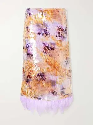Staud Lark Sequin-embellished Feather-trimmed Mesh Midi Skirt - Multi