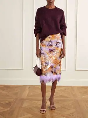 Staud Lark Sequin-embellished Feather-trimmed Mesh Midi Skirt