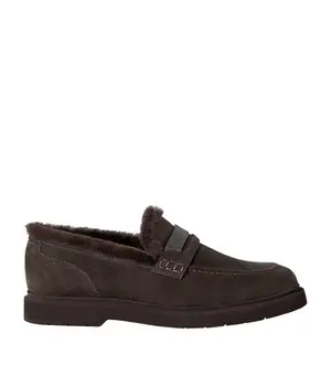 Brunello Cucinelli Suede-shearling Penny Loafers - Grey