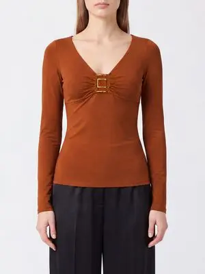 Elisabetta Franchi Long Sleeve V-neck Top With Metallic Detail - Brown