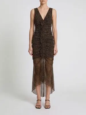 ROTATE BY BIRGER CHRISTENSEN Animalier Print Ruched Off-the-shoulder Midi Sheath Dress