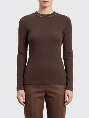Brunello Cucinelli Long-sleeved Cotton T-shirt With Monili Embroidery - Brown