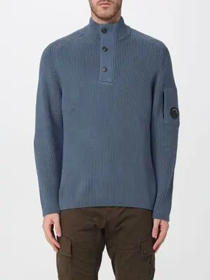 C.P. COMPANY Slim Fit Mock Neck Jumper In Cotton Blend With Buttons - Blue