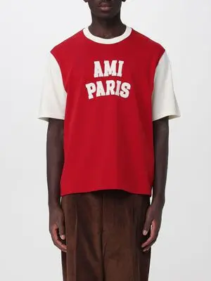 AMI Paris Two-tone Logo Print Cotton T-shirt - Ruby