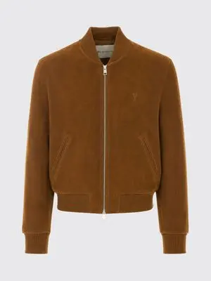 AMI Paris Relaxed Fit Suede Leather Bomber Jacket With Embroidered Logo