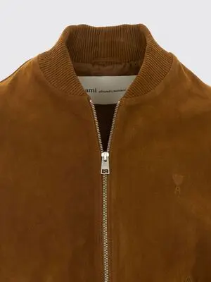 AMI Paris Relaxed Fit Suede Leather Bomber Jacket With Embroidered Logo
