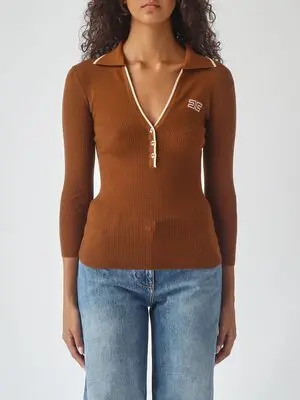 Elisabetta Franchi Slim Fit Ribbed Knit Long Sleeve Polo Shirt - Brown