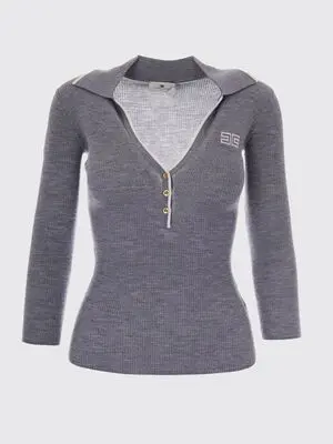 Elisabetta Franchi Slim Fit Long-sleeved Ribbed Knitted Polo Shirt - Grey