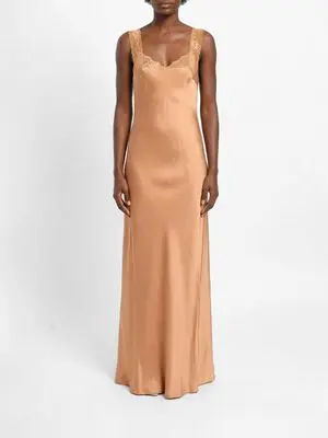 FORTE_FORTE Long Satin Slip Dress With Lace Inserts - Beige