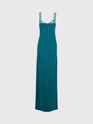 FORTE_FORTE Long Satin Slip Dress With Lace Inserts - Blue