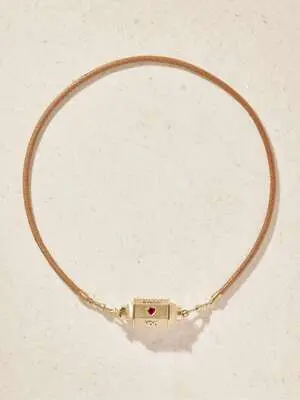 MARIE LICHTENBERG Love You Locket 18-karat Yellow And White Ruby, Diamond And Leather Necklace - Gold