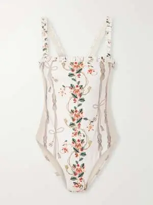 Agua Bendita Limón Navegante Floral-embroidered Recycled-blend Swimsuit - Cream