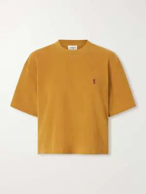 Saint Laurent Cassandre-embroidered Cotton-piqué T-shirt - Brown