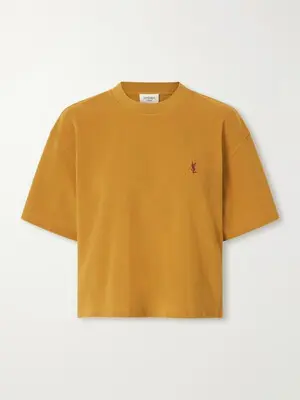 Saint Laurent Cassandre Embroidered Cotton-piqué T-shirt - Brown