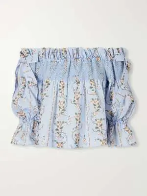 Agua Bendita Isla Navegante Printed Smocked Linen Blouse - Blue