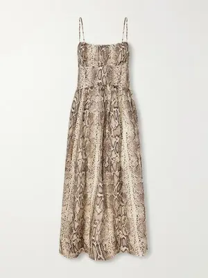Cara Cara Alba Gathered Snake-print Linen And Silk-blend Organza Midi Dress - Neutrals