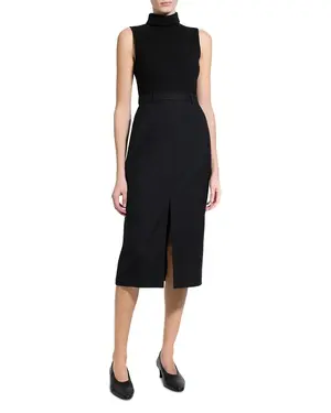 Theory Funnel Neck Sleeveless Draped Midi Dress - Black