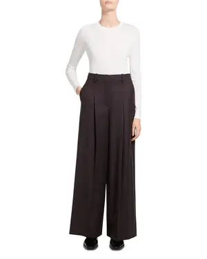 Theory Wide Leg Pleated Wool Trousers - Cacao