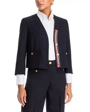 Thom Browne Wool V Neck Cardigan Jacket - Navy
