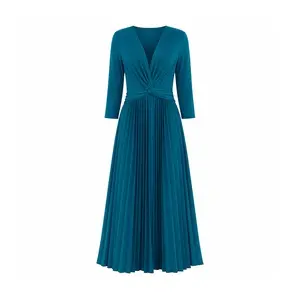 YUMI Teal Stretch Wrap Pleated Midi Dress