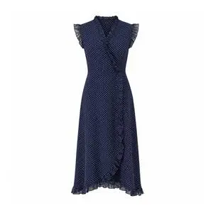 YUMI Navy Polka Dot Midi Wrap Frill Dress