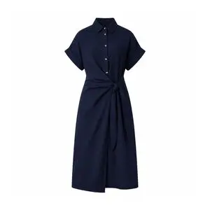 YUMI Navy Wrap Tie Midi Shirt Dress
