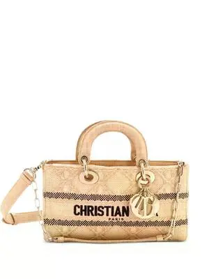Dior Lady D-joy Bag Cannage Embroidered Raffia Medium Tote Bag - Black