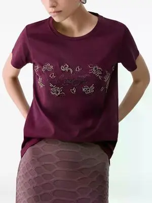 Liu Jo Rhinestone Embellished Floral Cotton T-shirt - Red