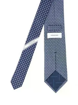 FERRAGAMO Gancini Square Print Silk Tie - Blue
