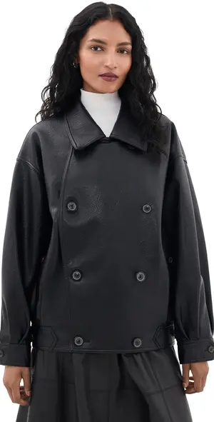 Source Unknown Vitellino Double Breasted Faux Leather Jacket - Black