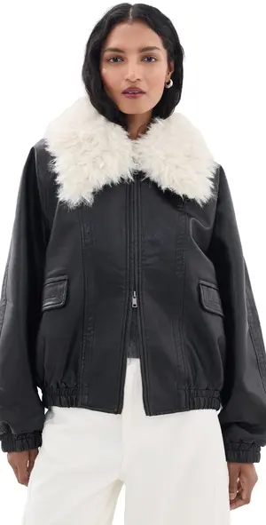 Source Unknown Rioni Faux Fur Collar Bomber Jacket - Black