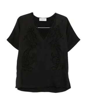 ERMANNO FIRENZE Floral-embroidery V-neck Top - Black