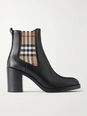 Burberry Check-trimmed Leather Boots - Black