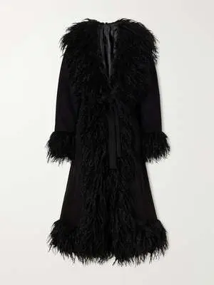 Anna Sui Belted Plush-trimmed Woven Coat