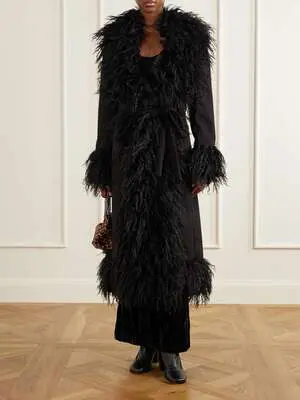 Anna Sui Belted Plush-trimmed Woven Coat