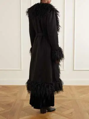 Anna Sui Belted Plush-trimmed Woven Coat